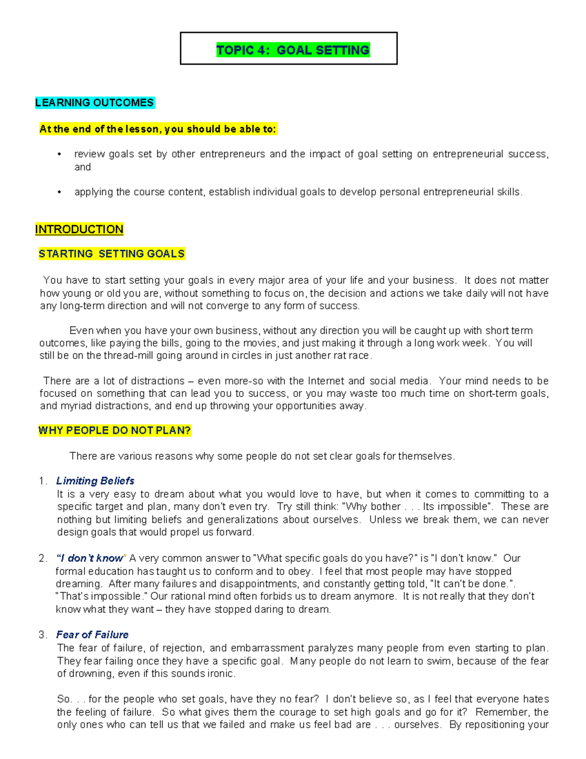 Entrep-Topic-4 - lecture notes - TOPIC 4: GOAL SETTING LEARNING ...