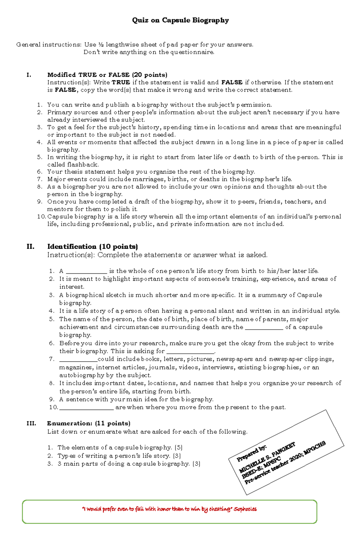Capsule biography - Quiz on Capsule Biography General instructions: Use ...