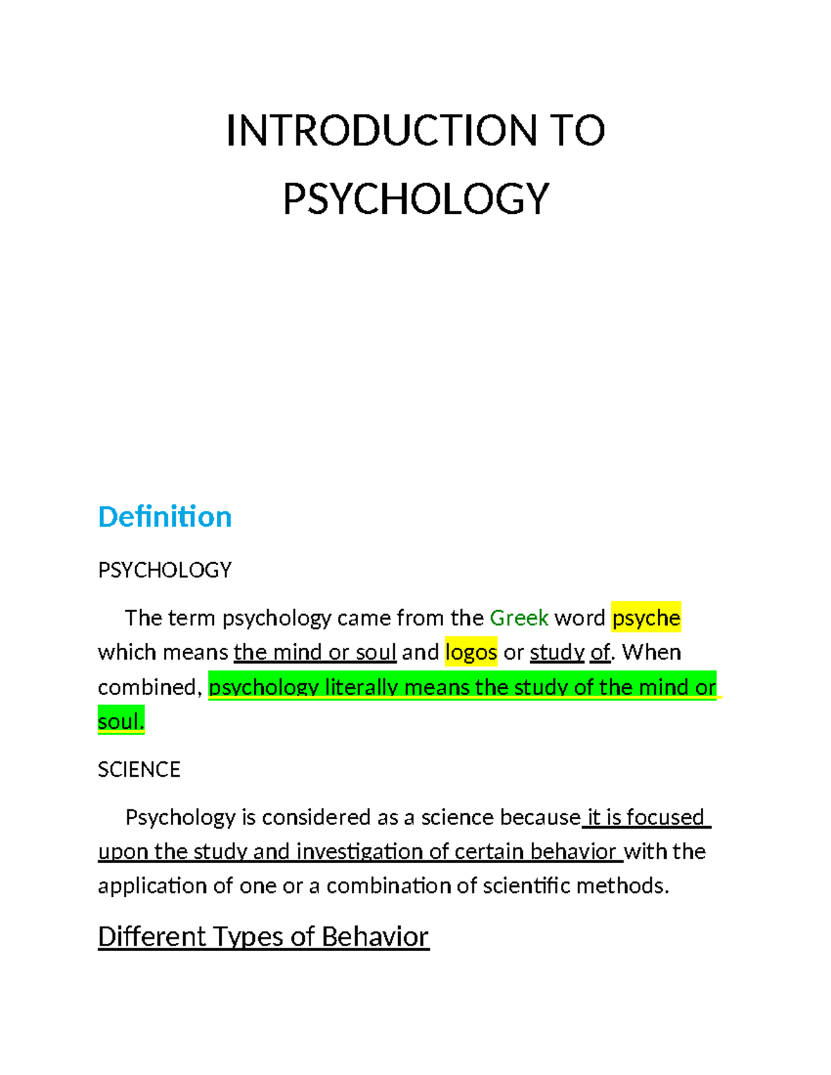 Introduction TO Psychology - INTRODUCTION TO PSYCHOLOGY Definition ...
