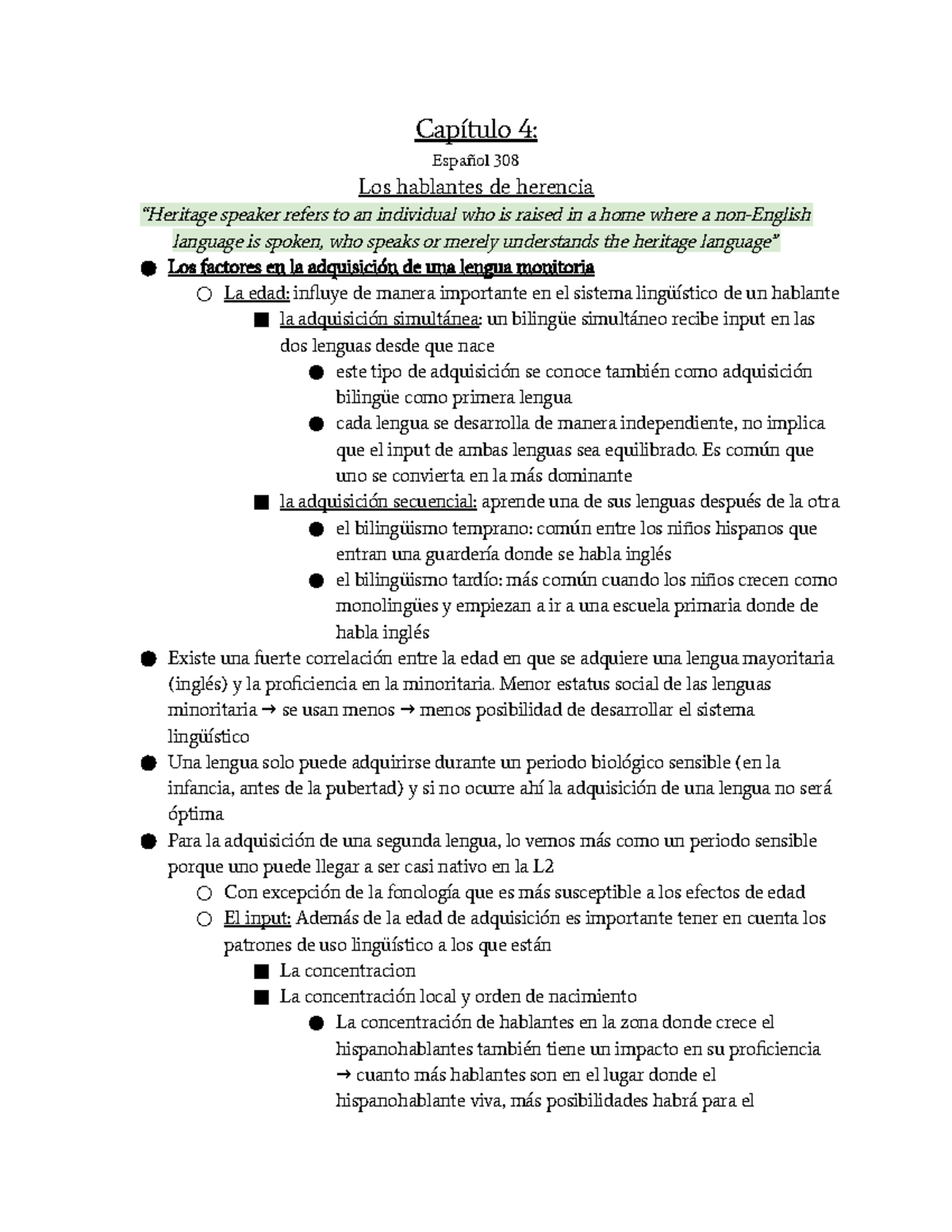 Spanish 308 - Chapters 4-6 - Capítulo 4: Español 308 Los hablantes de ...