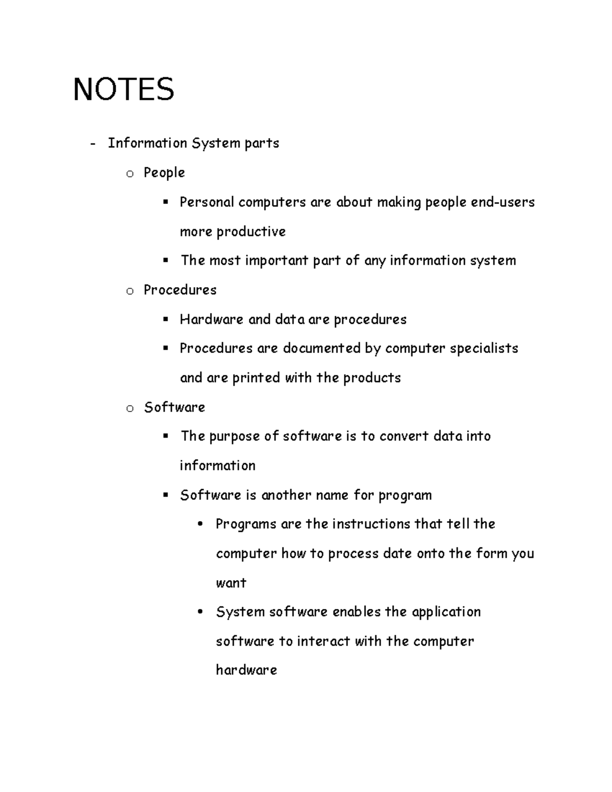 CGS Notes - NOTES Information System parts o People Personal computers ...