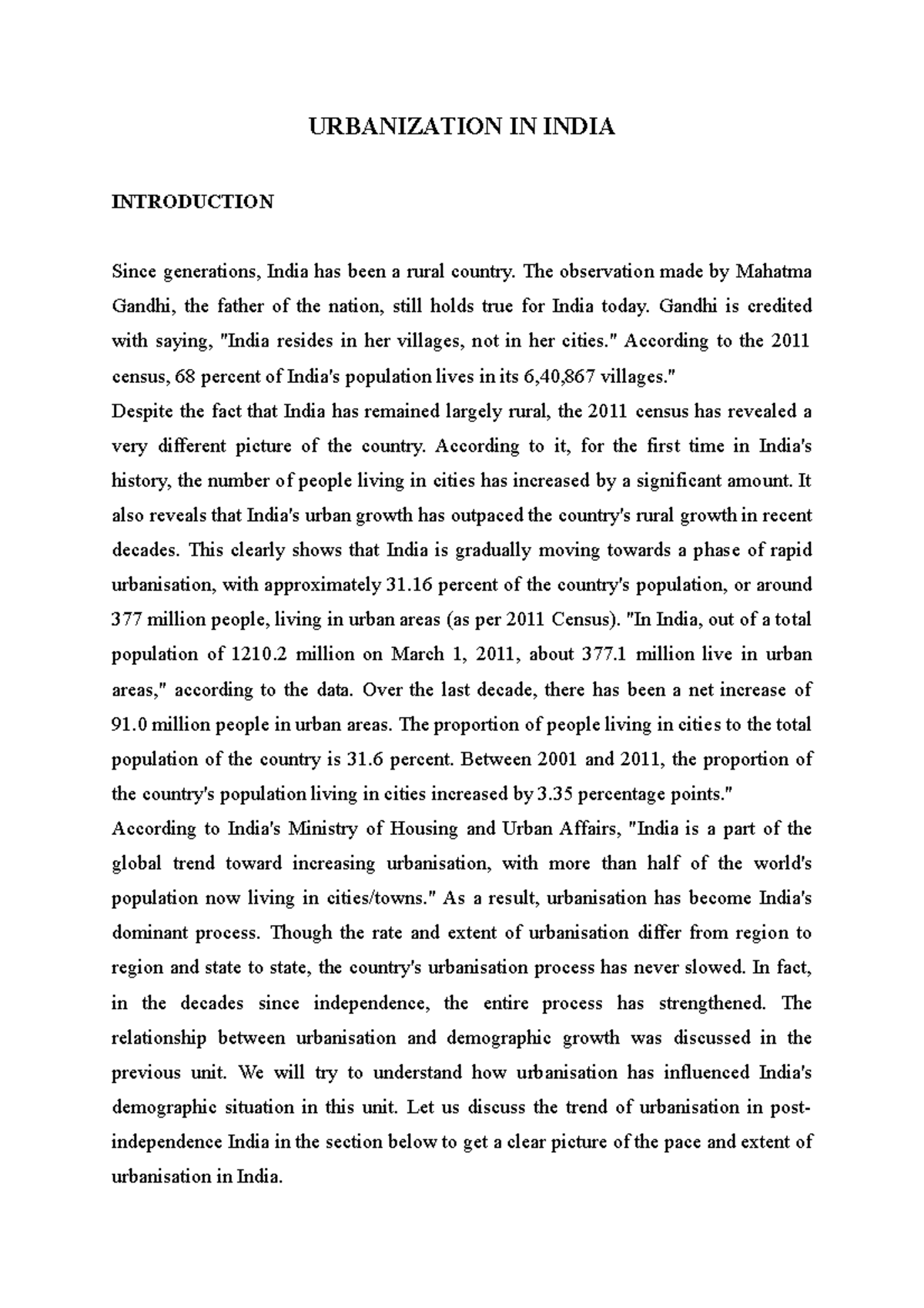 Urbanization IN India - Lecture notes 10 - URBANIZATION IN INDIA ...