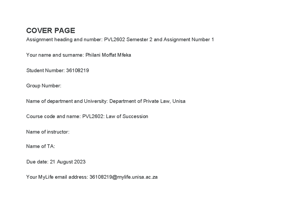 Assignment 1 - unisa.ac Sketch representation Have predeceased her, but ...
