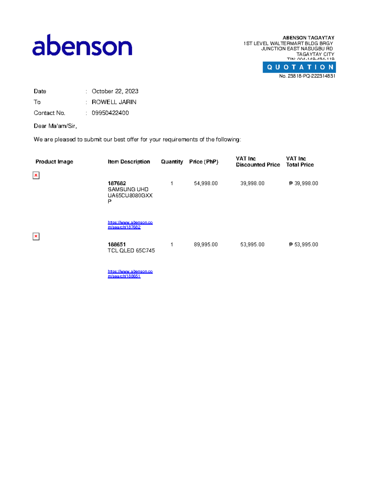 Quotation of Abenson for Sale - Q U O T A T I O N No. 23818-PQ- Date ...