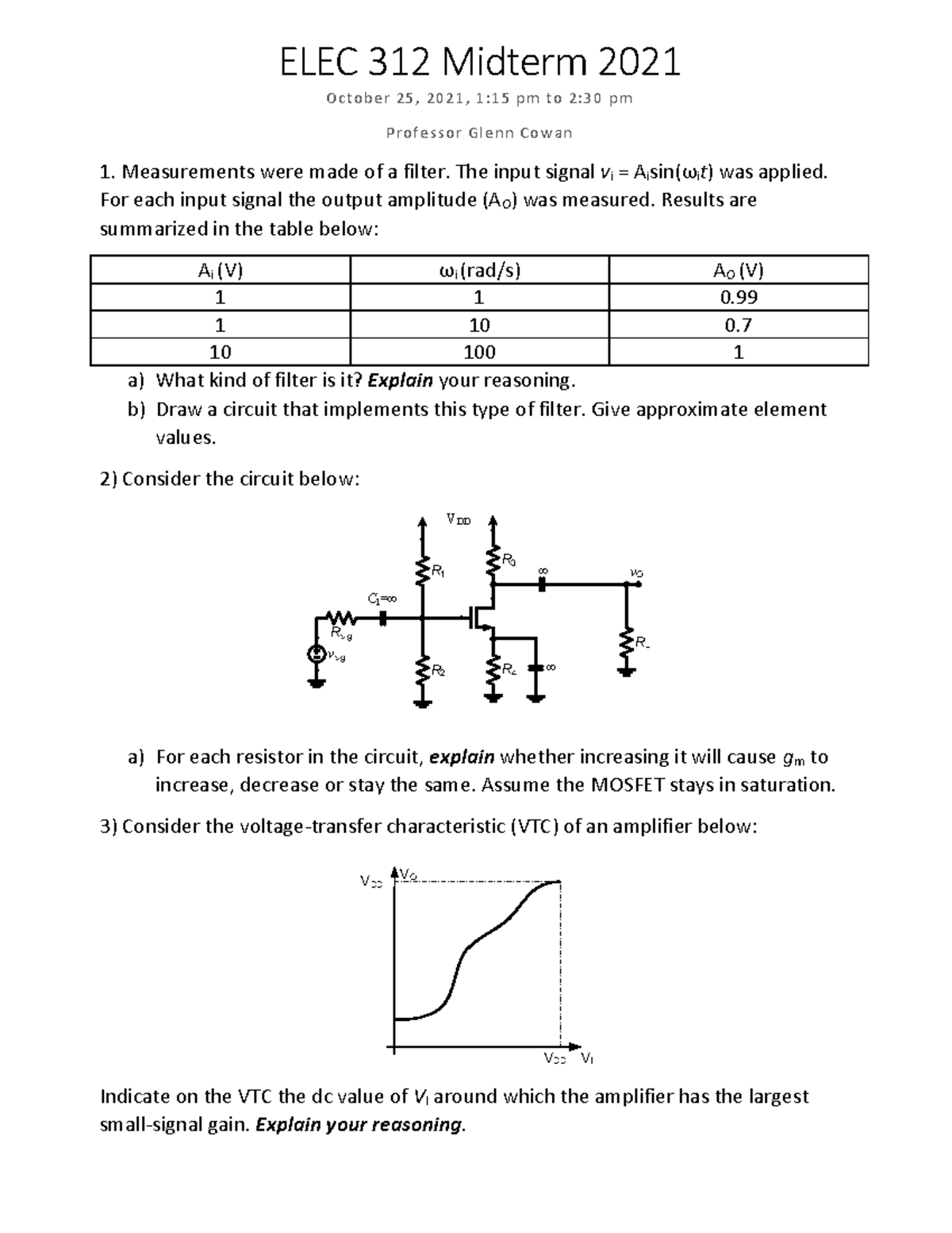 ELEC312 Fall2021 Q3 of interest only - ELEC 312 Midterm 2021 October 25, 2021, 1:15 pm to 2:30 ...