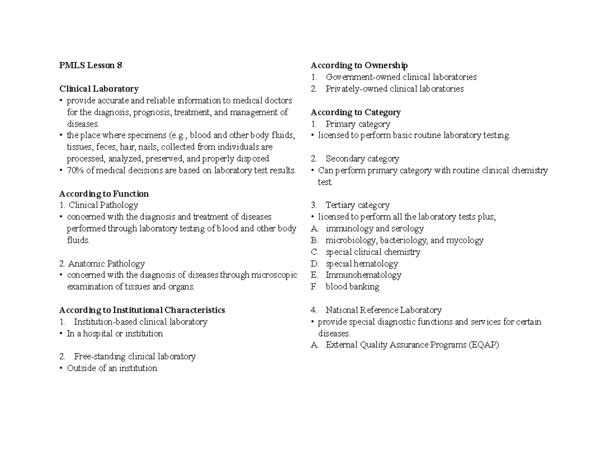 PMLS 8 reviewer - Lesson 8 lecture - PMLS Lesson 8 Clinical Laboratory ...