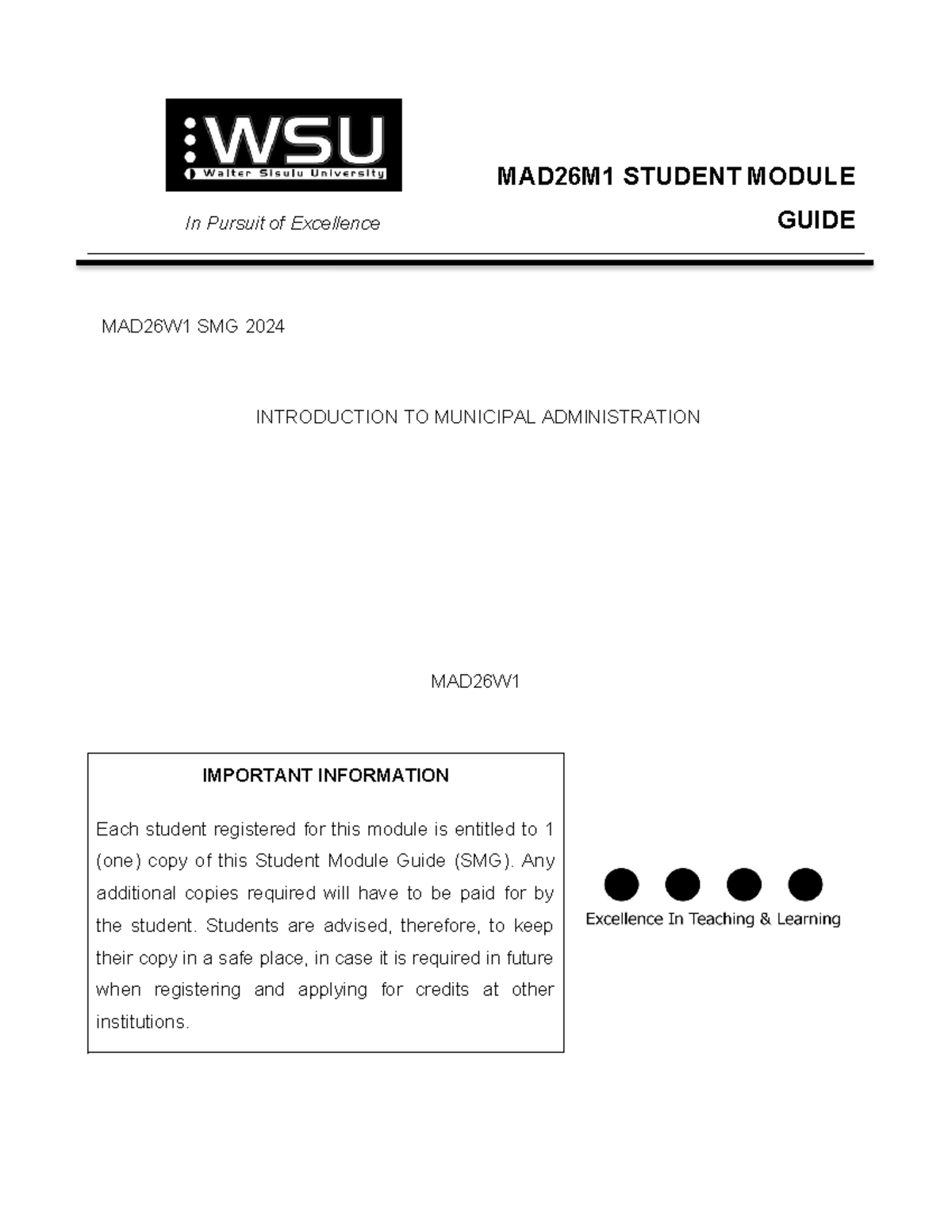 MAD26W1 SMG 2024 - In Pursuit of Excellence MAD26M1 STUDENT MODULE ...