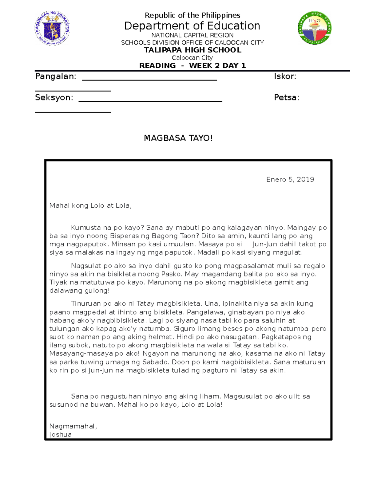 Reading WEEK 2 DAY 1 - Republic of the Philippines Department of ...