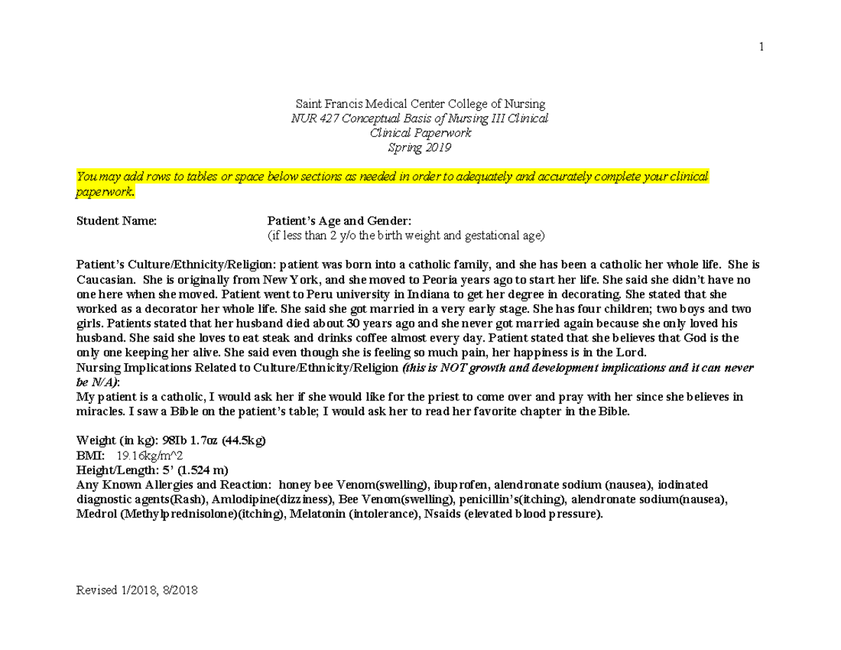 Clinical paperwork - Saint Francis Medical Center College of Nursing ...