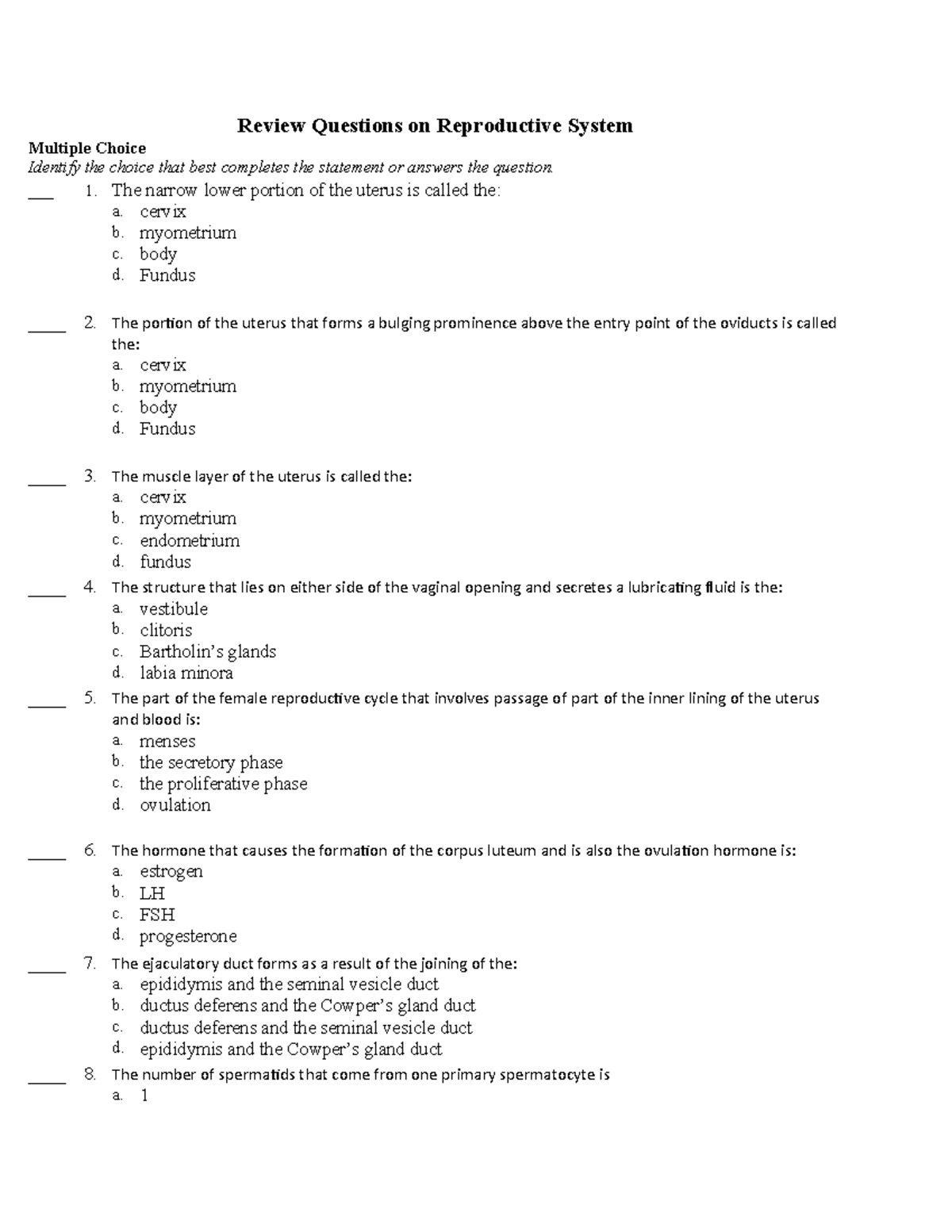 Review Questions-Repro-Sys - Review Questions on Reproductive System ...