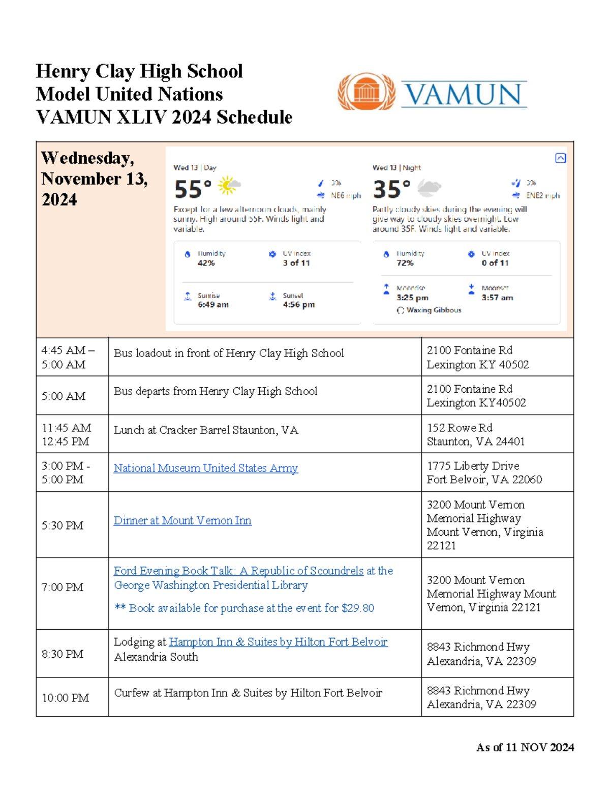 UVA MUN Conference Schedule (As of 11 NOV 2024) - Henry Clay High ...