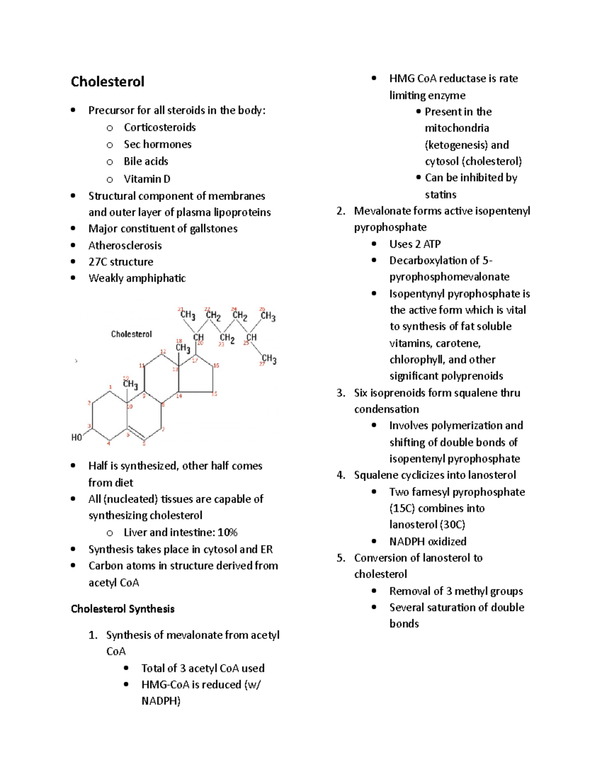 BIO 12-02-2020 Cholesterol Notes - Cholesterol Precursor for all ...