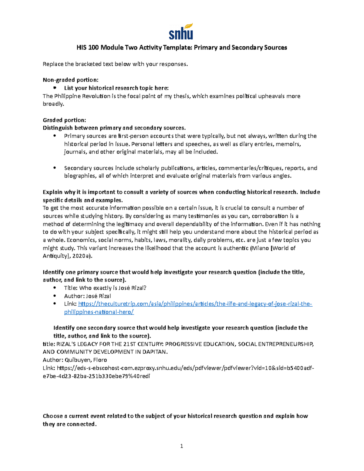 HIS 100 Module Two Activity Guidelines and Rubric Primary and Secondary ...