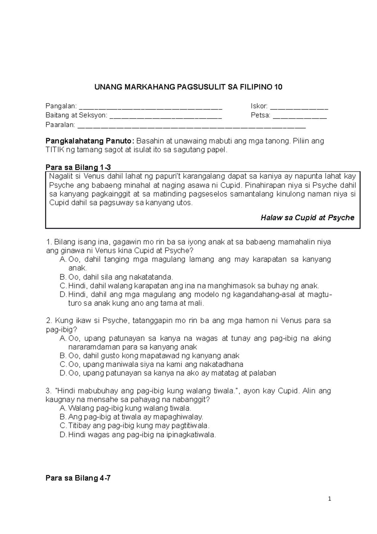 Unang Markahang Pagsusulit SA Filipino 10 - UNANG MARKAHANG PAGSUSULIT ...