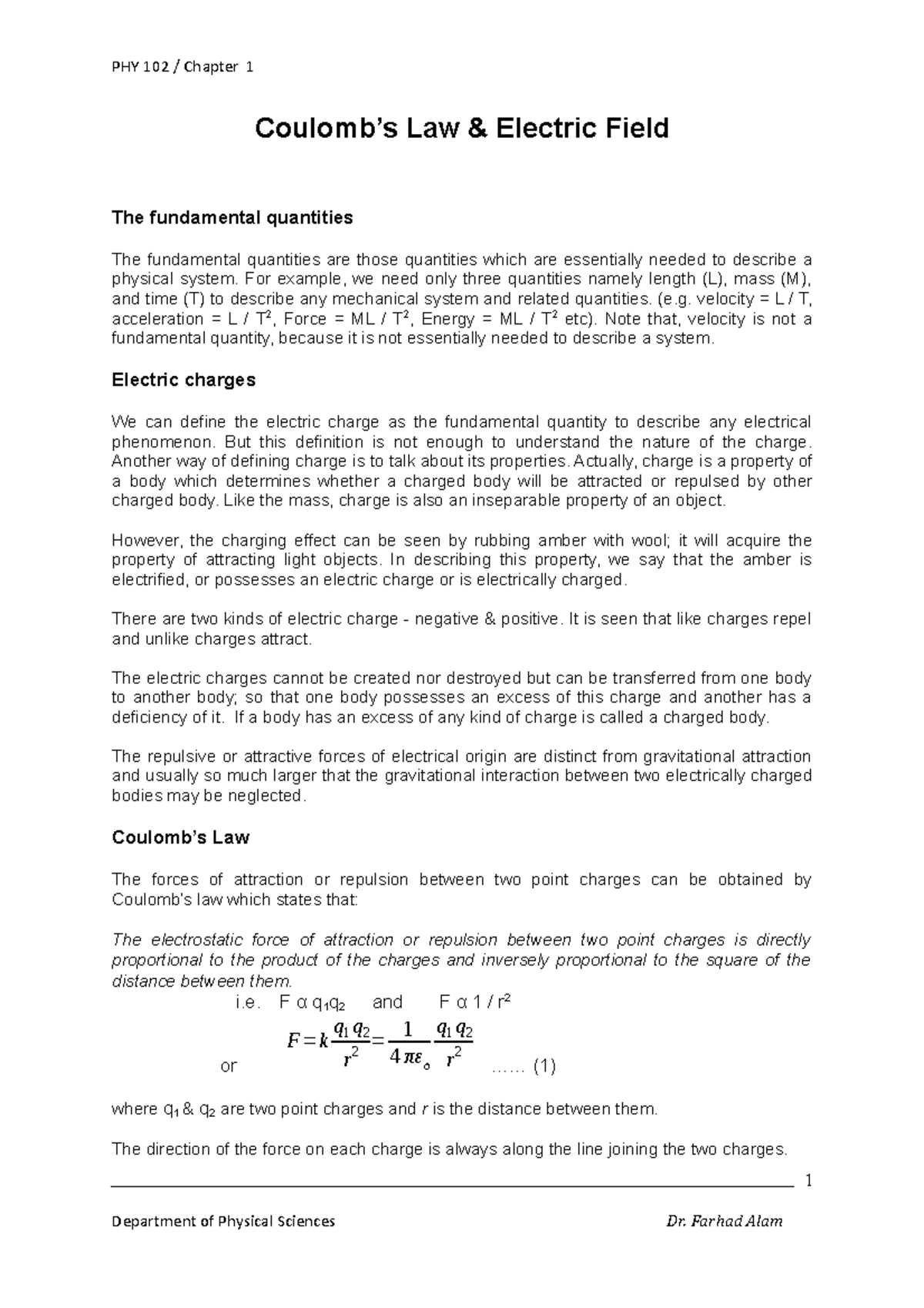 1 Introduction, Coulombs law, Electric field and Gausss law - Coulomb’s ...