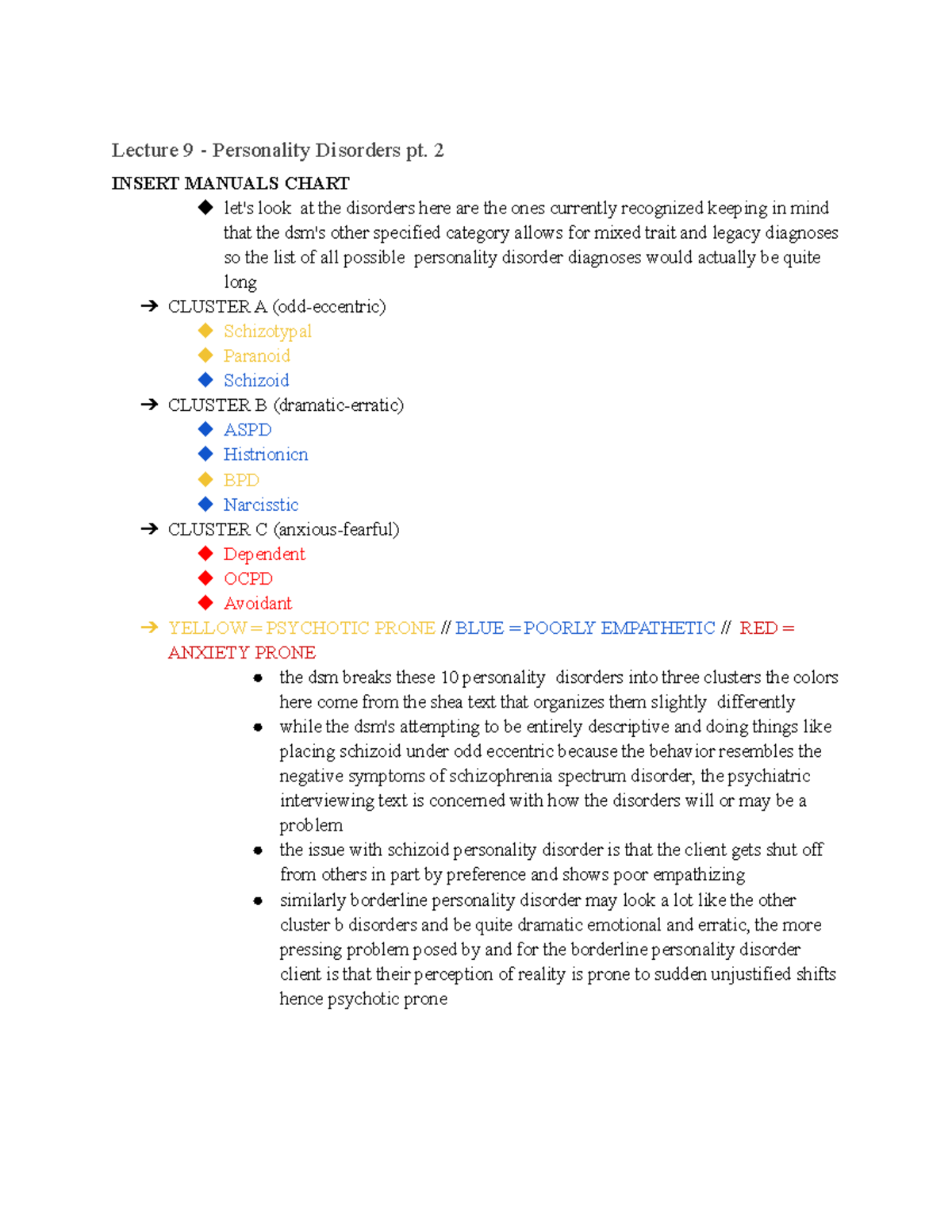 Lecture 9 - Personality Disorders pt - 2 INSERT MANUALS CHART let's ...