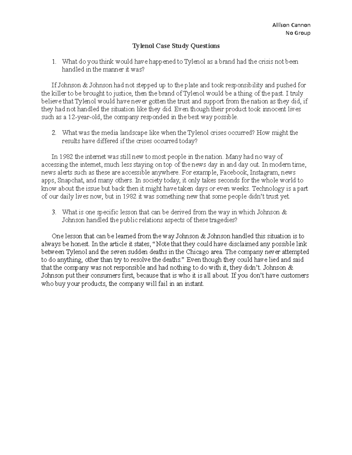 Tylenol Case Study Qs - Allison Cannon No Group Tylenol Case Study Questions What do you think ...