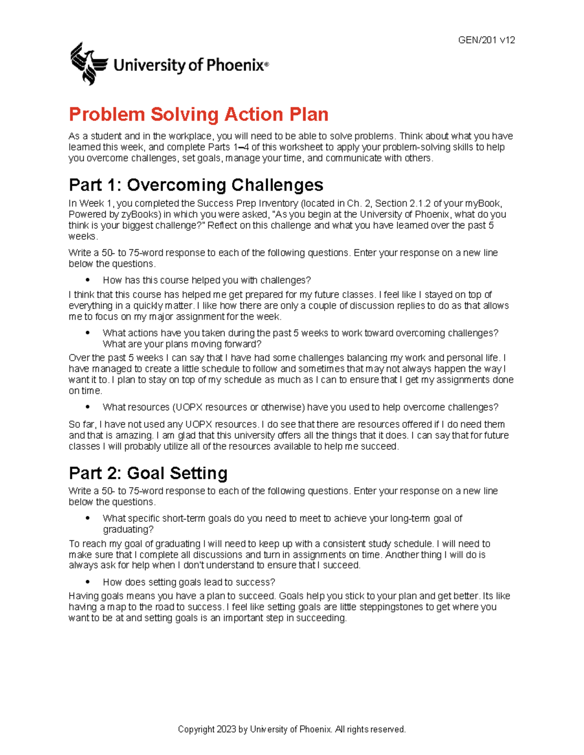 Problem solving action plan - GEN/201 v Problem Solving Action Plan As ...