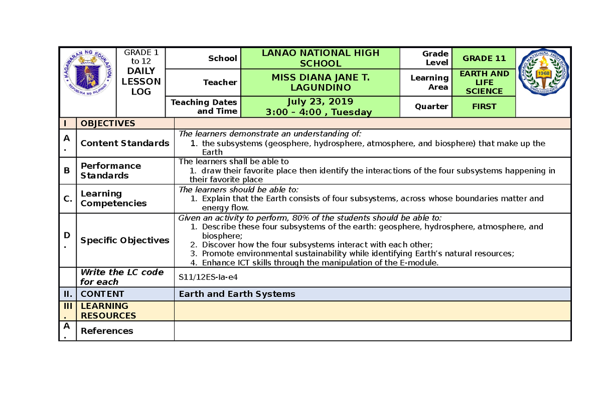 425030079 DLL on Earth Subsystems - GRADE 1 to 12 DAILY LESSON LOG ...