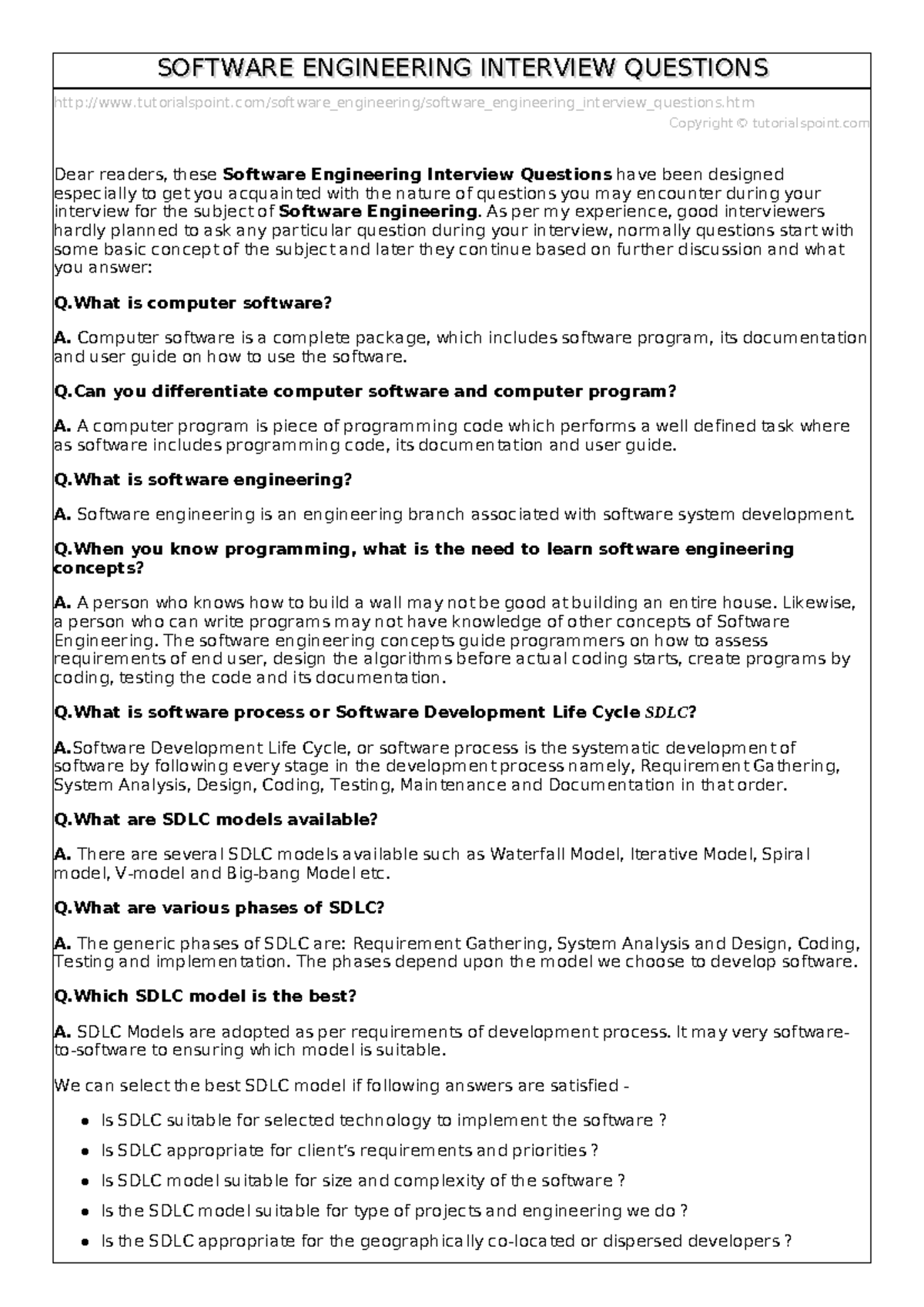 Software engineering interview questions - - Studocu