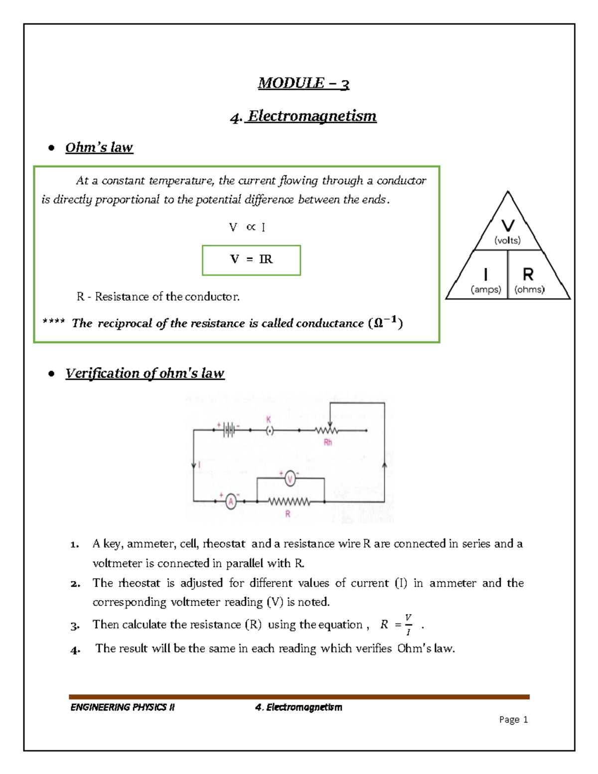 Module 3 Electromagnetism - ENGINEERING PHYSICS II 4. Electromagnetism ...