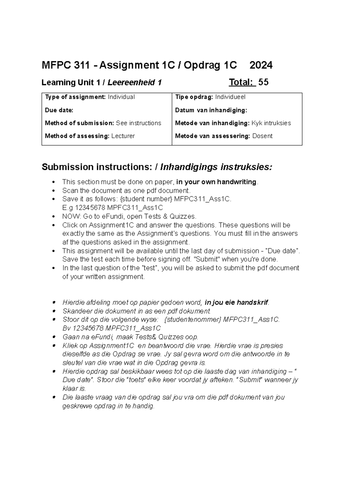 MFPC 311 Opdrag 1C - 2024 Final - MFPC 311 - Assignment 1C / Opdrag 1C 2024 Learning Unit 1 ...