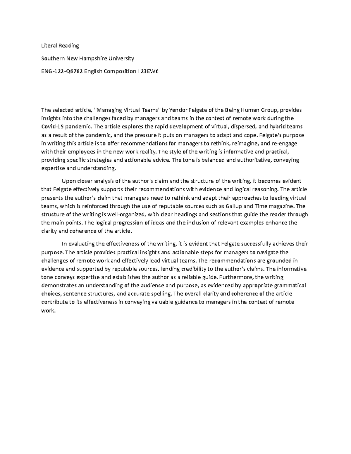 English comp - Literal Reading Southern New Hampshire University ENG ...