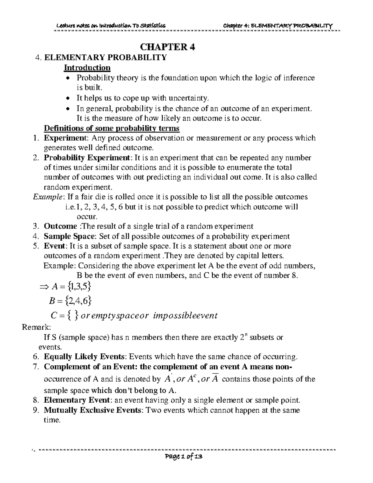 Stati Ch4 - ####### C CHHAAPPTTEERR 44 ELEMENTARY PROBABILITY ...