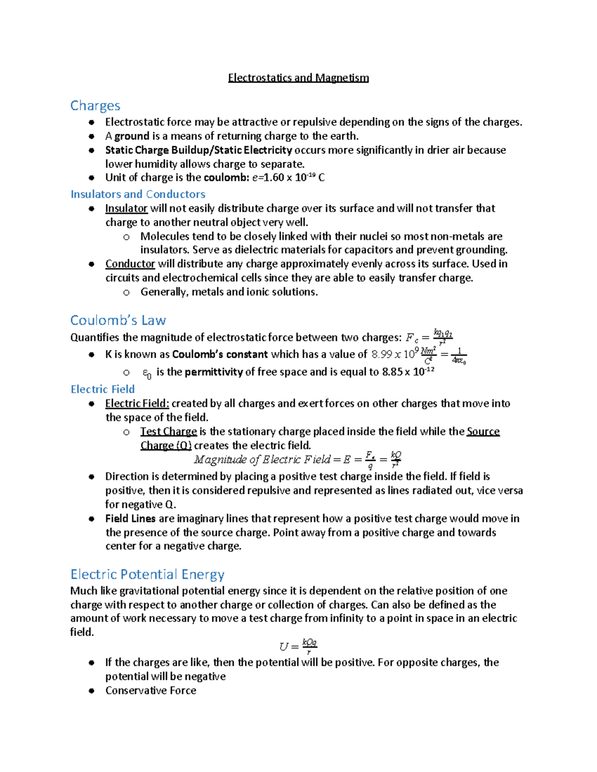 Electrostatics and Magnetism - Electrostatics and Magnetism Charges ...