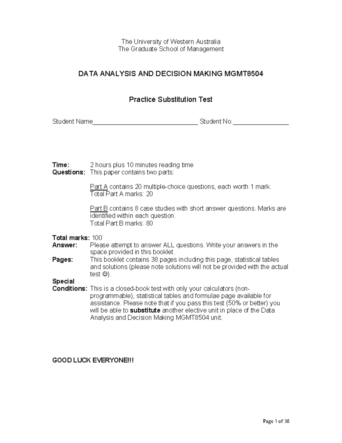 Data analysis questions - The University of Western Australia The ...