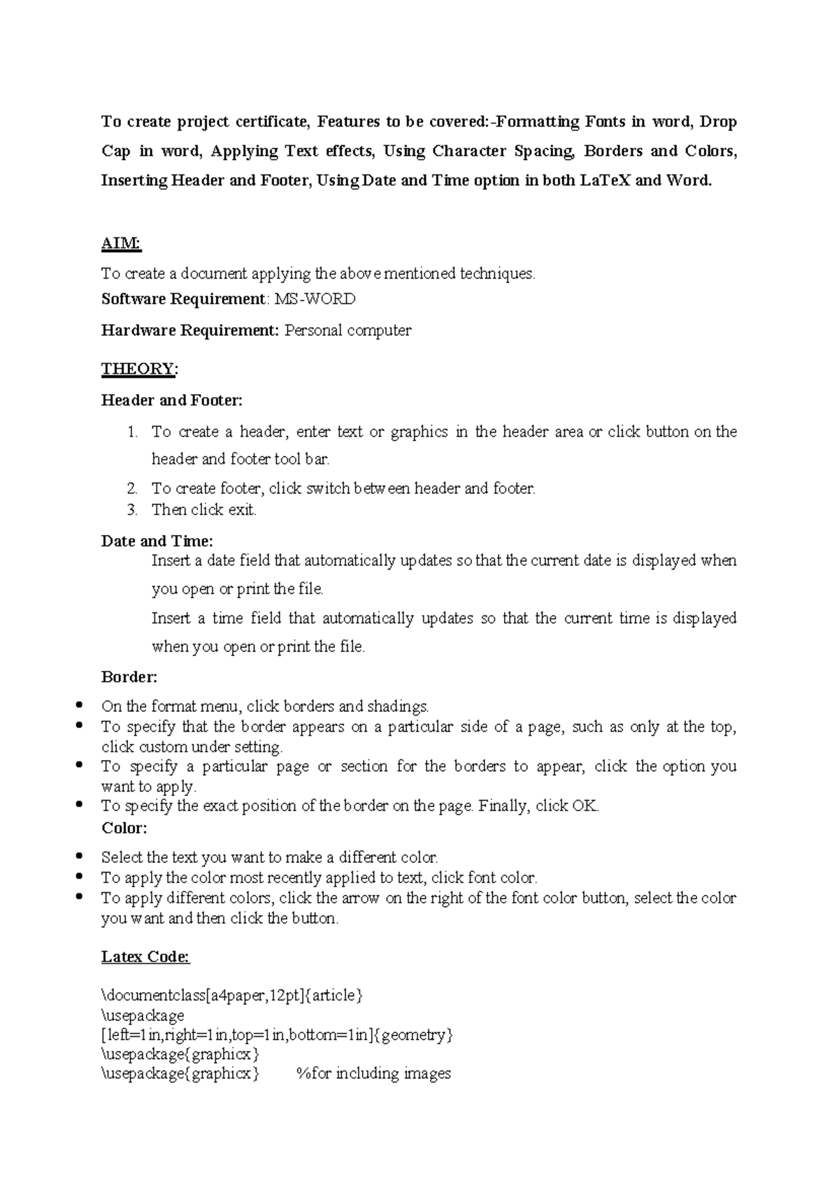 Latex Word Task1 - To create project certificate, Features to be ...