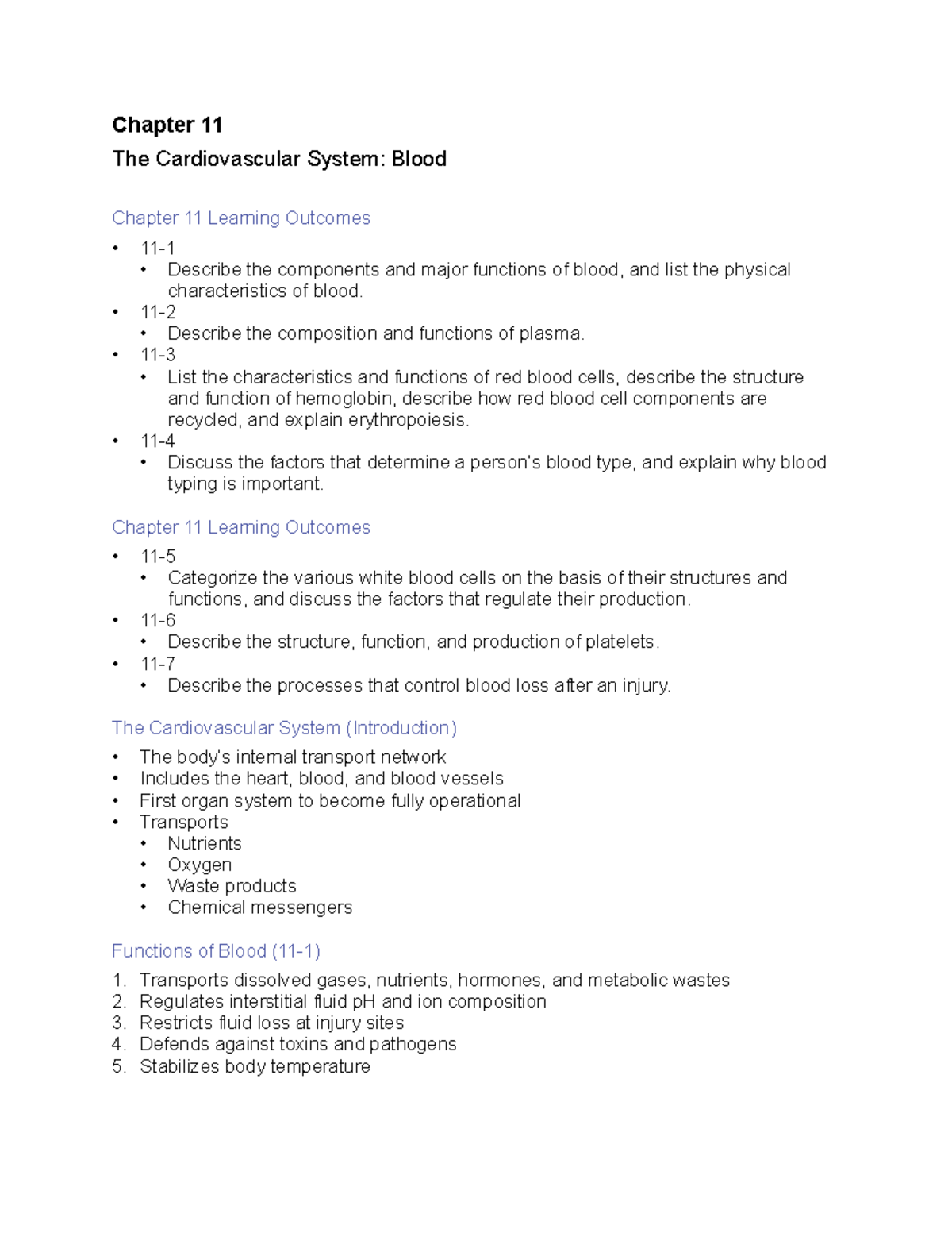 Blood Summary - Chapter 11 The Cardiovascular System: Blood Chapter 11 ...