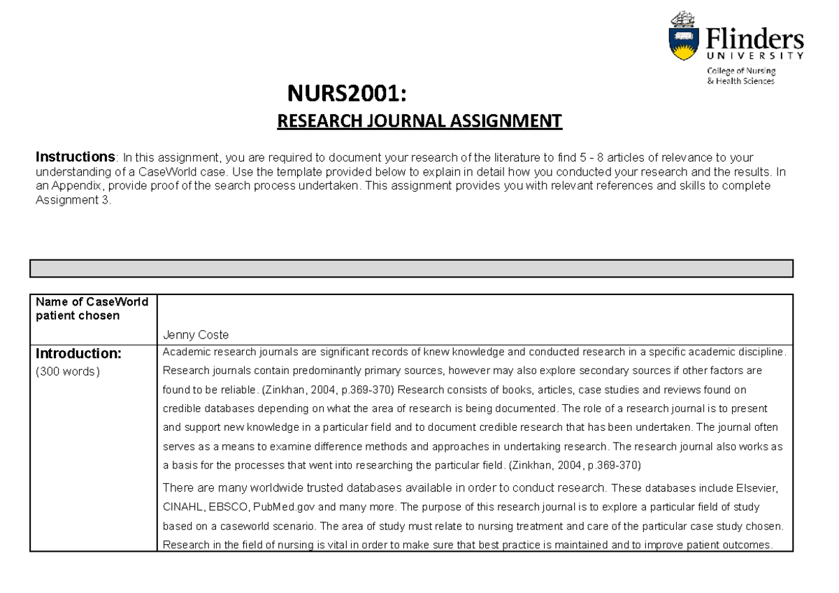 2001 Research Journal doc - NURS2001: RESEARCH JOURNAL ASSIGNMENT ...