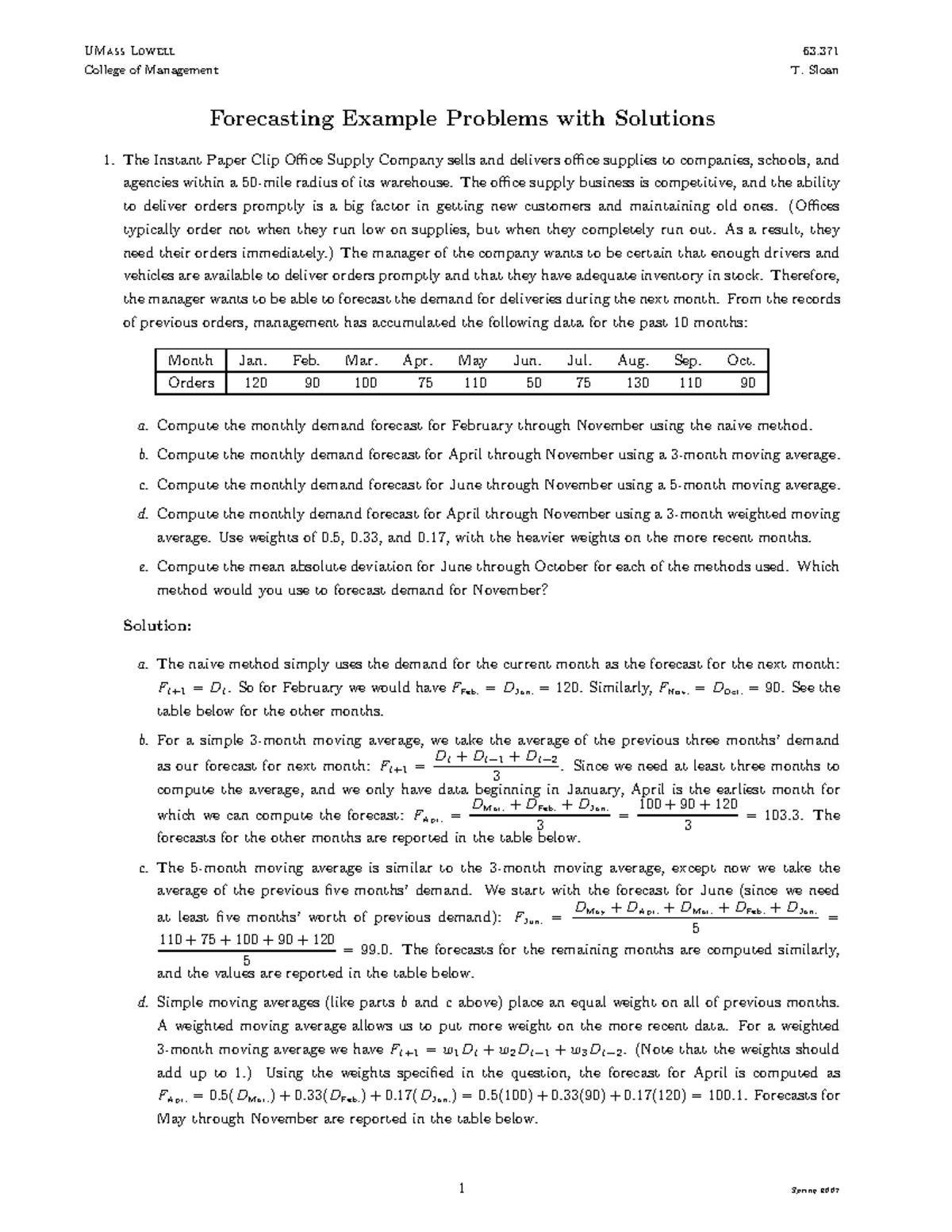Forecasting Example Problems with Soluti - UMass Lowell College of ...