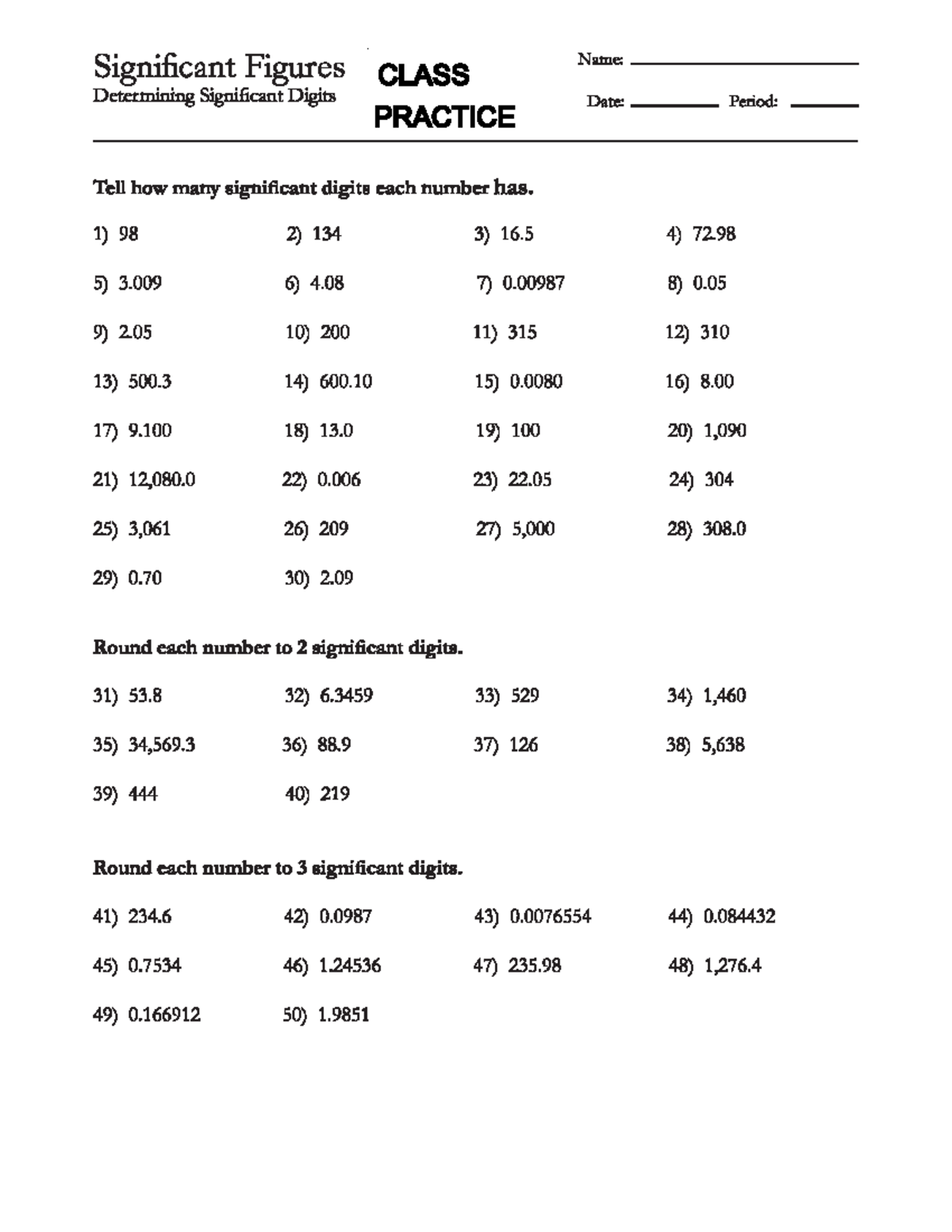 Sig Figs Class Practice wksht - Significant Figures Name: CLASS ...