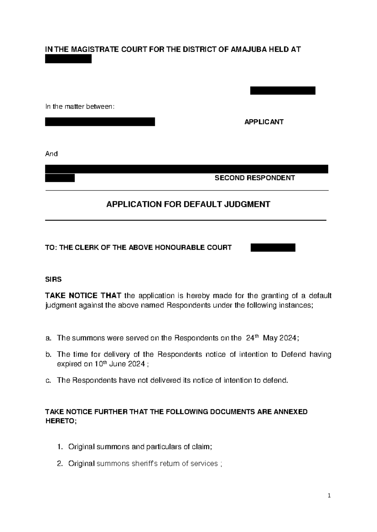 Default Judgment PDF - IN THE MAGISTRATE COURT FOR THE DISTRICT OF AMAJUBA HELD AT NEWCASTLE ...