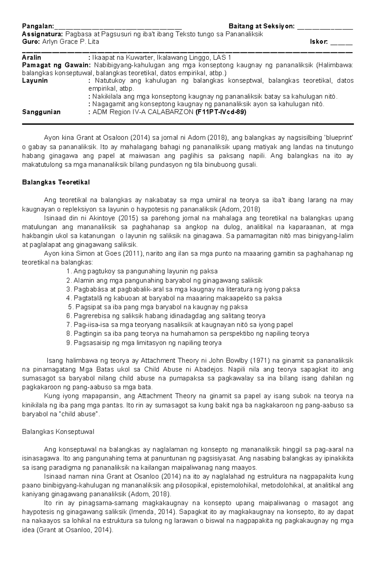 Pagbasa-LAS-Q4W2 - Pangalan:__________________________________ Baitang at Seksiyon ...