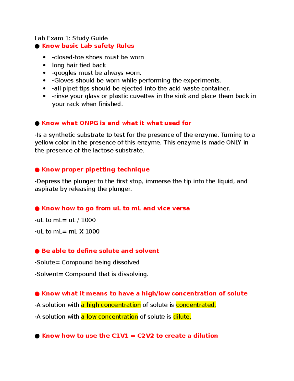 Lab Exam 1 - Lab biology 111 - Lab Exam 1: Study Guide Know basic Lab ...