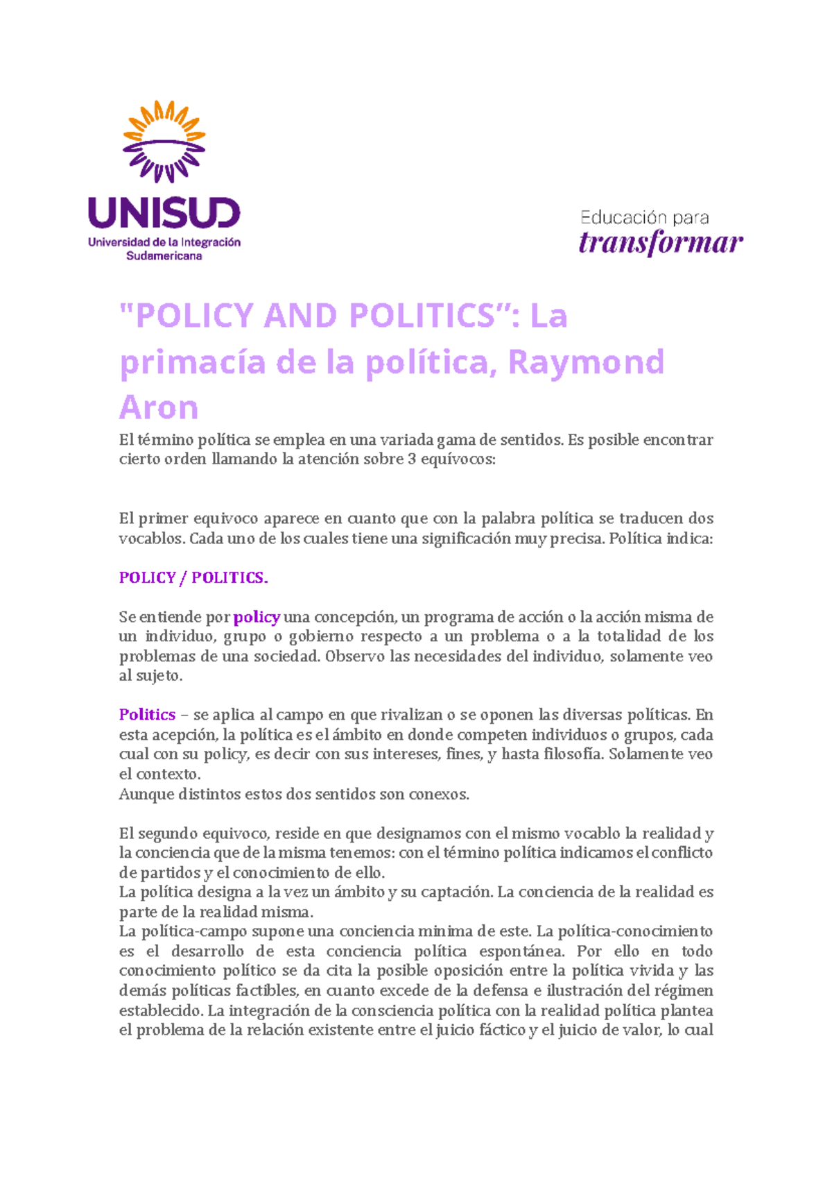 Policy AND Politics ARON Raymond - "POLICY AND POLITICS”: La primacía ...