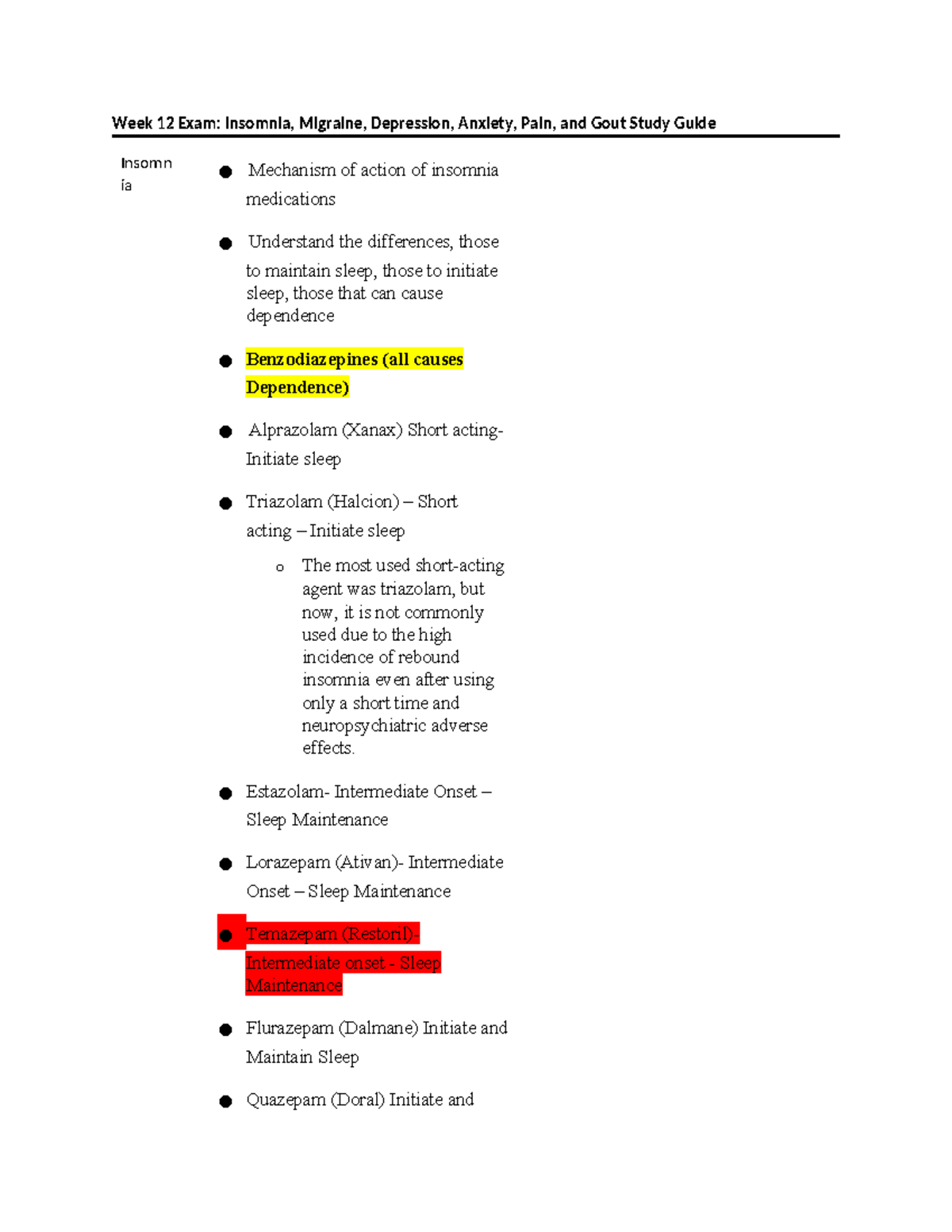 Week 12 Exam Study Guide - Week 12 Exam: Insomnia, Migraine, Depression ...