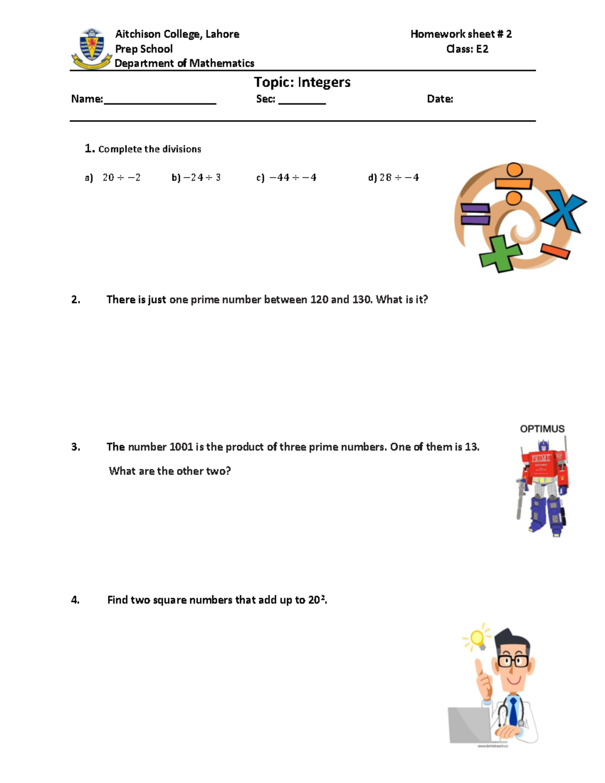 Homerksheet 2 Week 2 Integers (UB) - Aitchison College, Lahore Homework ...