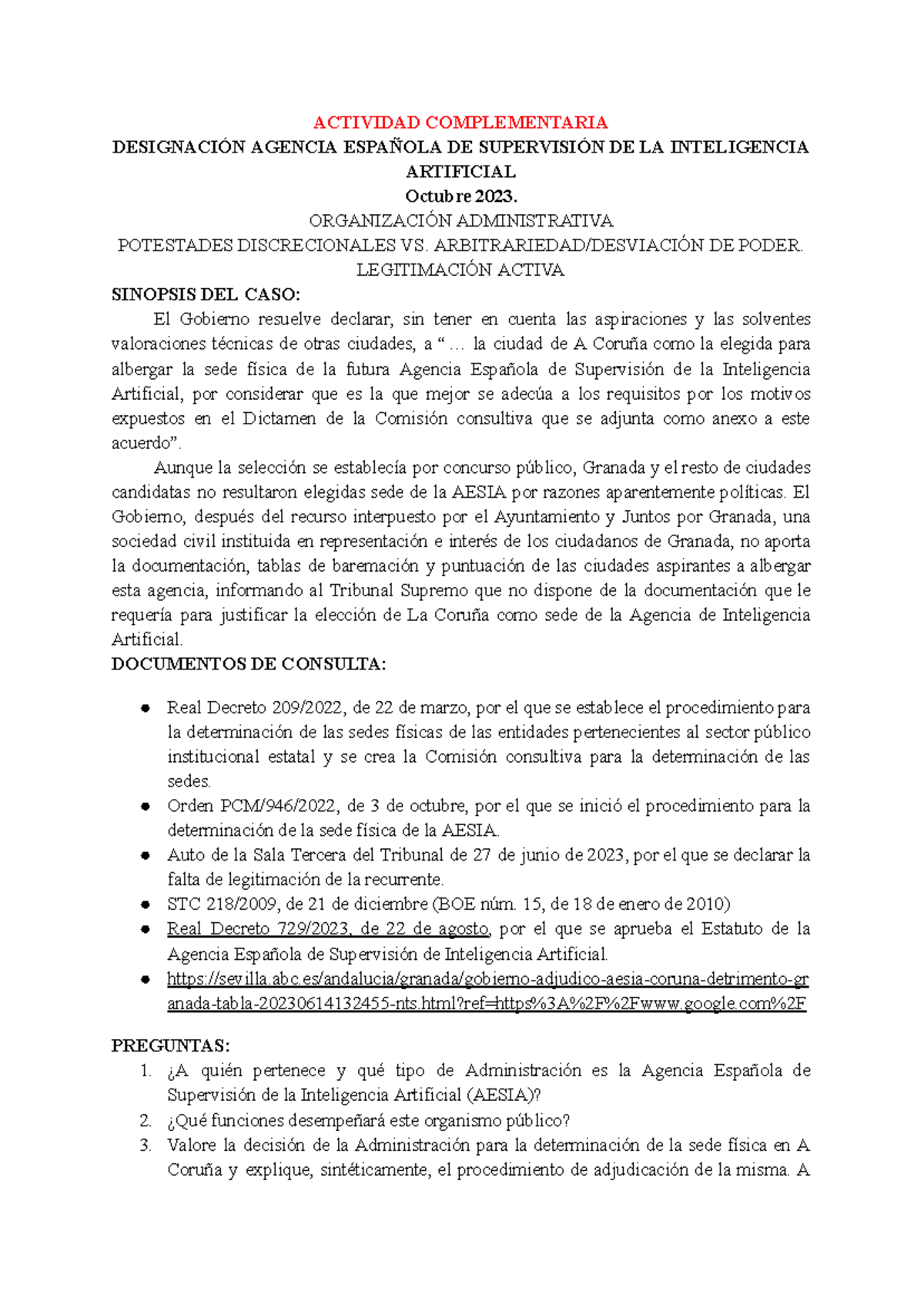 Práctica complentaria Administrativo I Tema 6 - ACTIVIDAD COMPLEMENTARIA DESIGNACIÓN AGENCIA ...