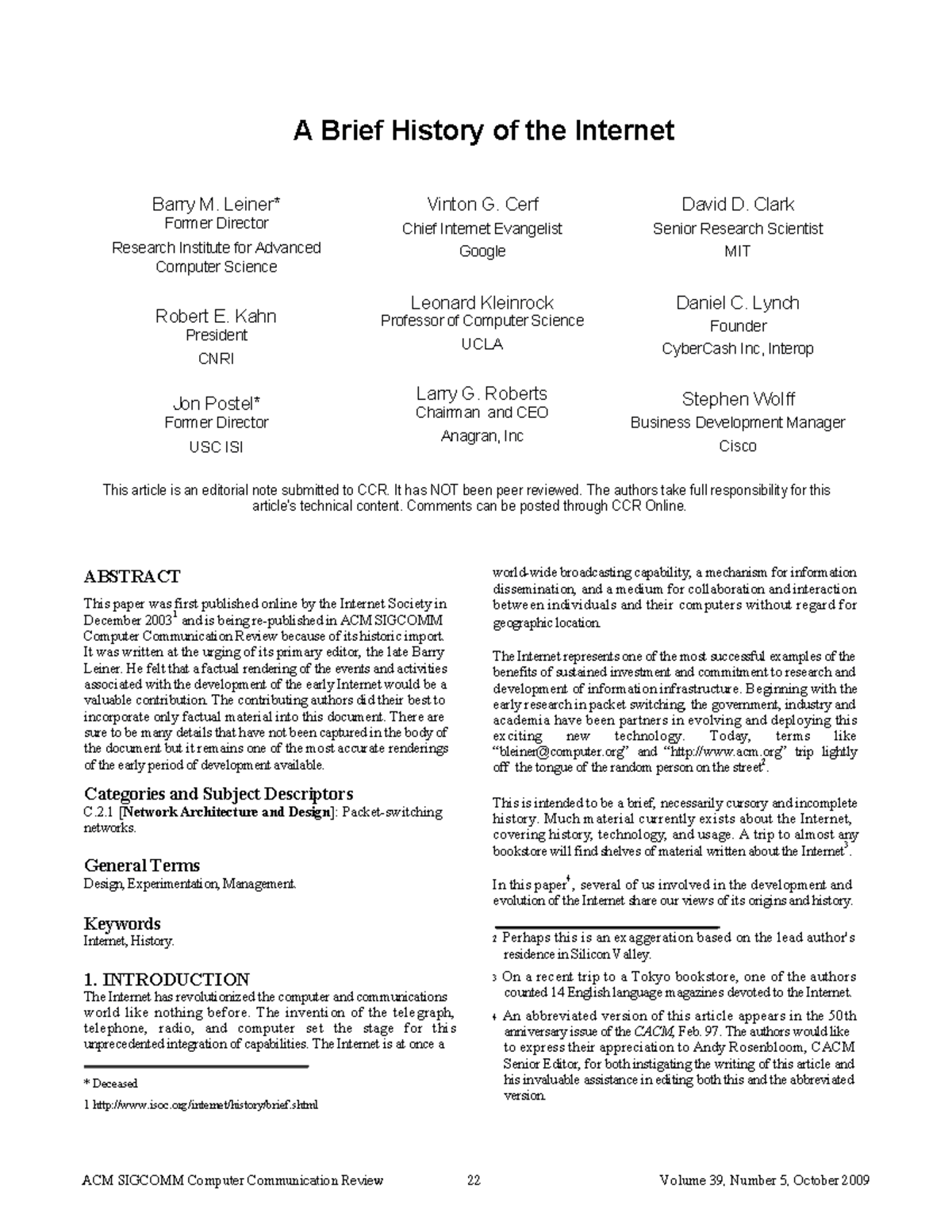 Brief history of internet - Barry M. Leiner* Former Director Research ...