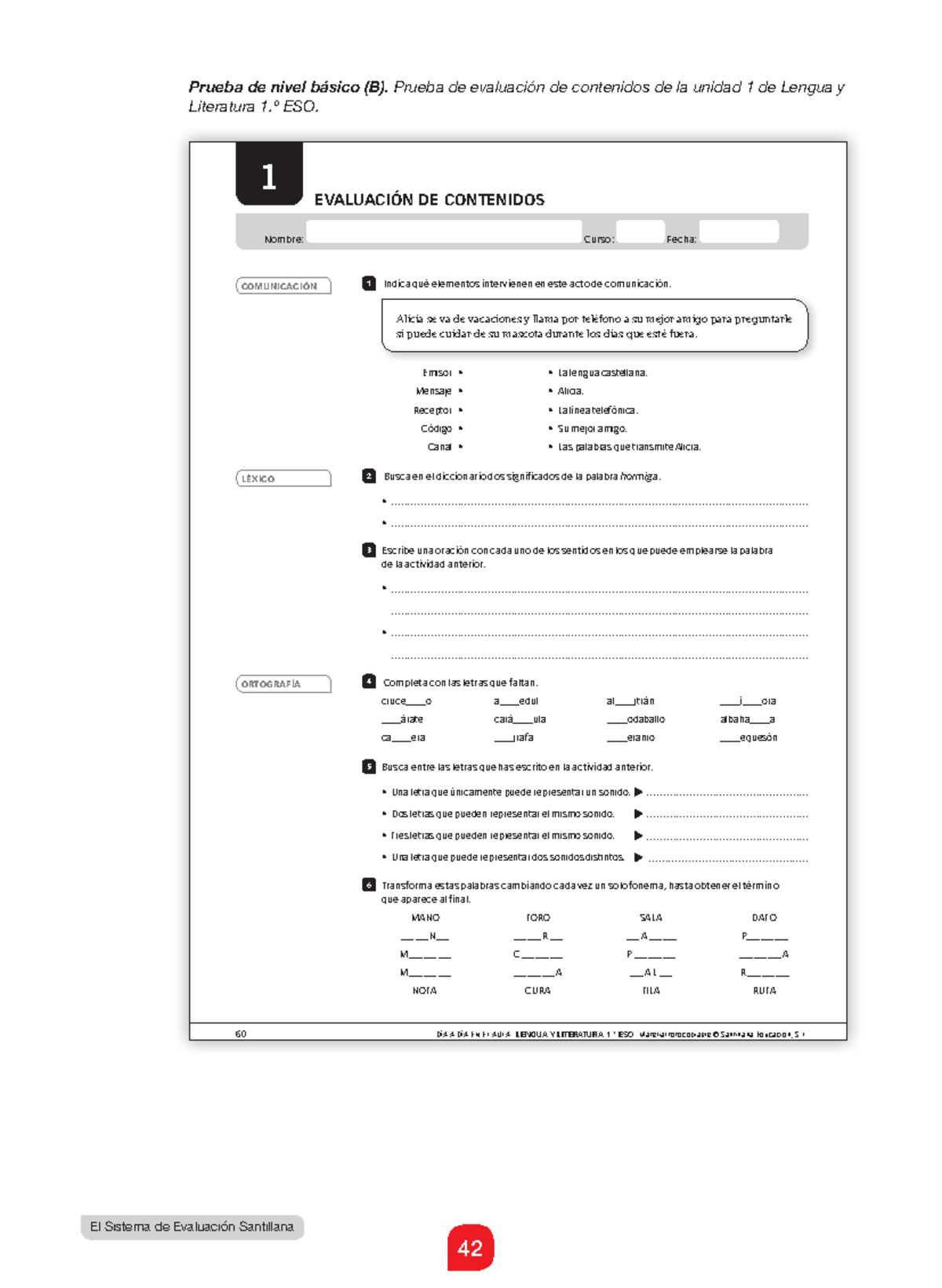 Lengua-1-eso - FICHAS DE REPASO POR TEMAS - Prueba de nivel básico (B). Prueba de evaluación de ...