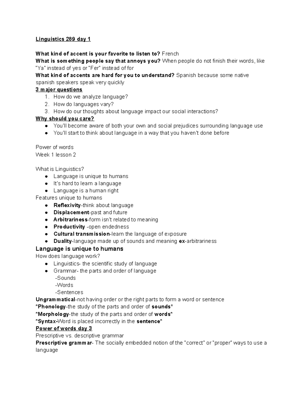 Linguistics notes - Gary Davis was the professor - Linguistics 289 day ...