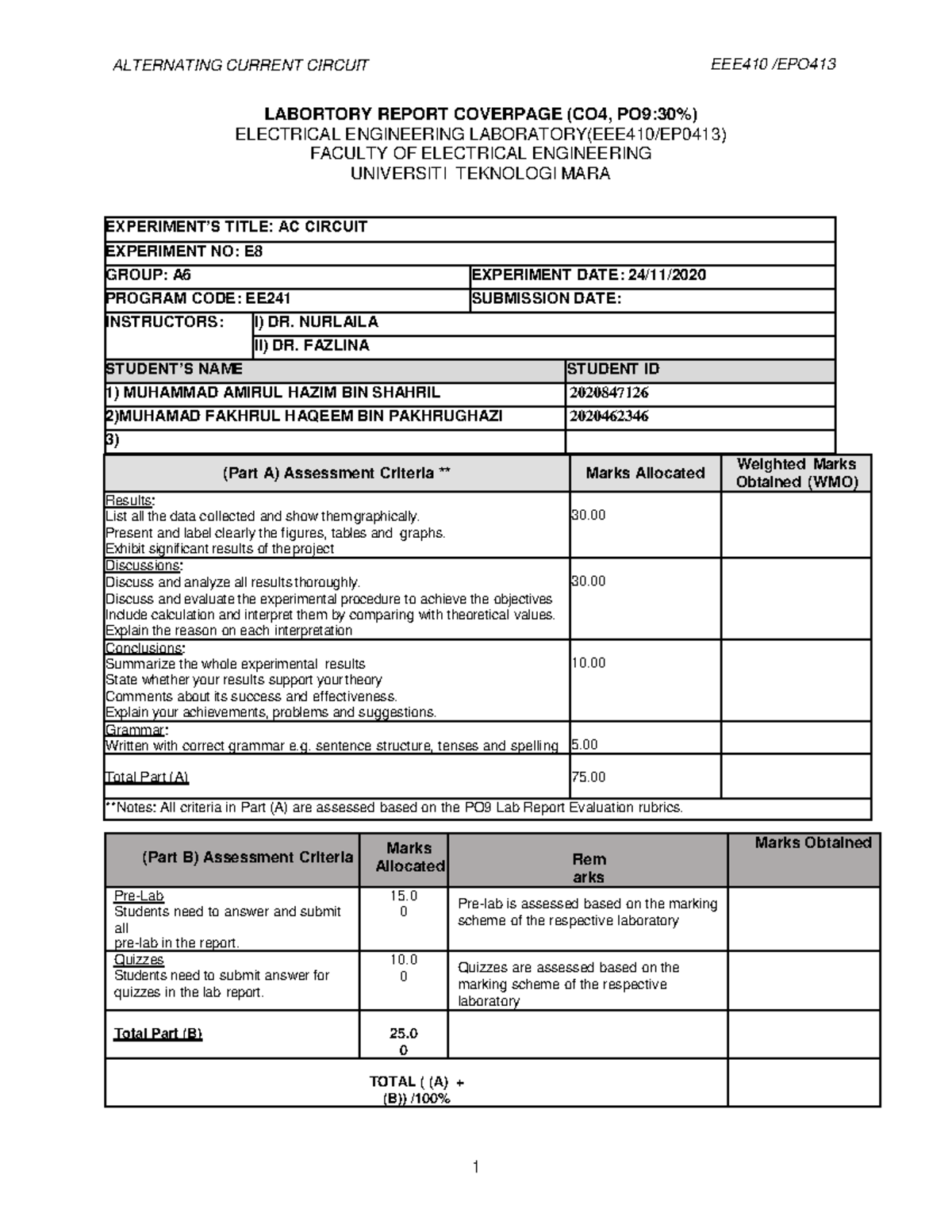 The lab Report EEE410 for lab AC Circuit - LABORTORY REPORT COVERPAGE ...