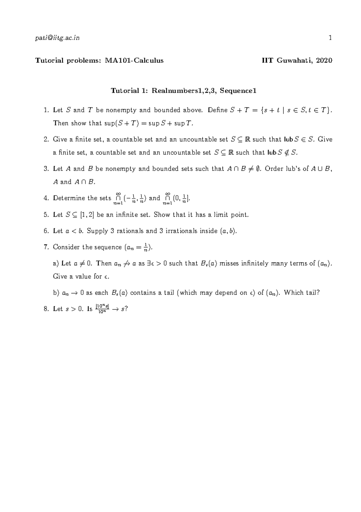 Tutorial 1 - pati@iitg 1 Tutorial problems: MA101-Calculus IIT Guwahati ...
