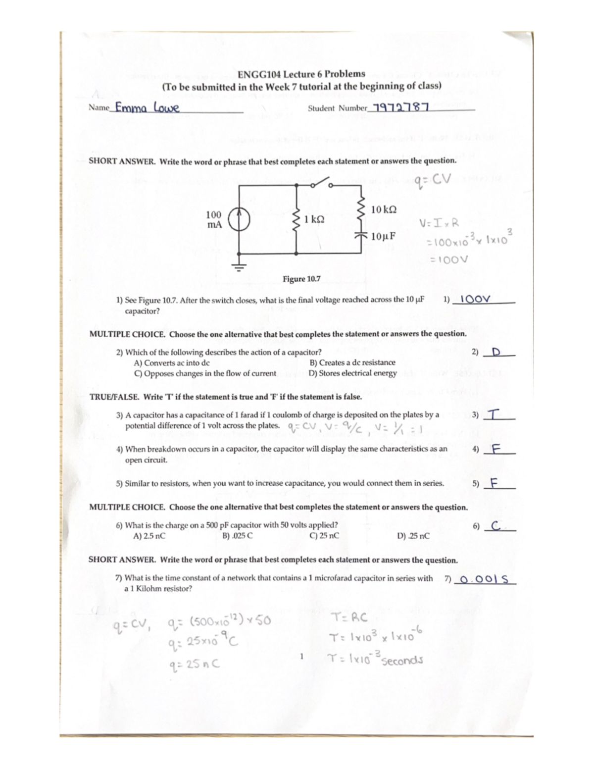 Tutorial 6 Questions - RC Circuits, Capacitance - ENGG104 - Studocu