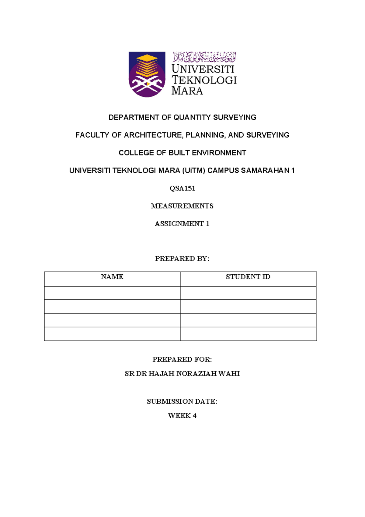 Measurement cover page - Architecture - DEPARTMENT OF QUANTITY ...