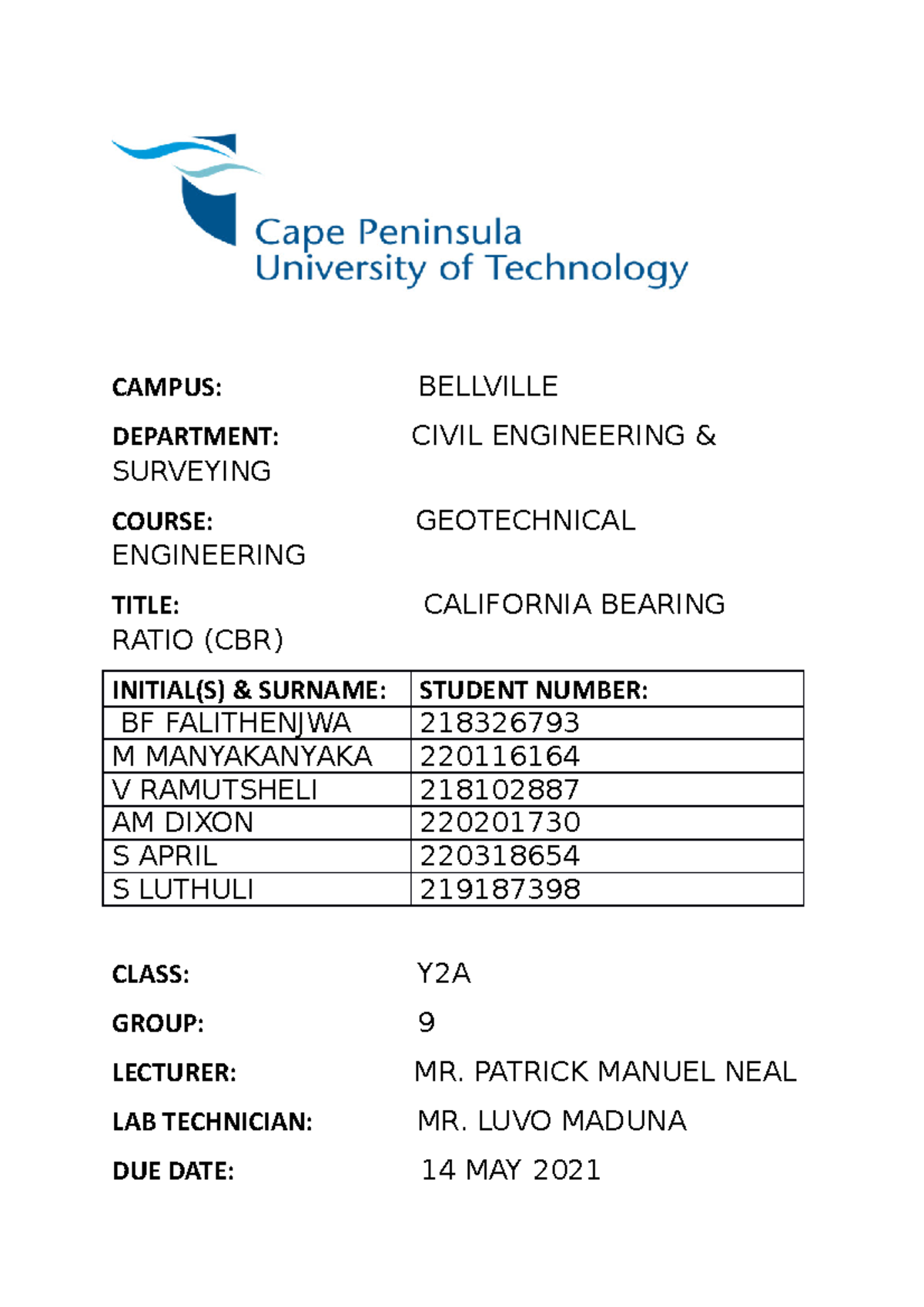 California bearing ratio(CBR) report - CAMPUS: BELLVILLE DEPARTMENT ...